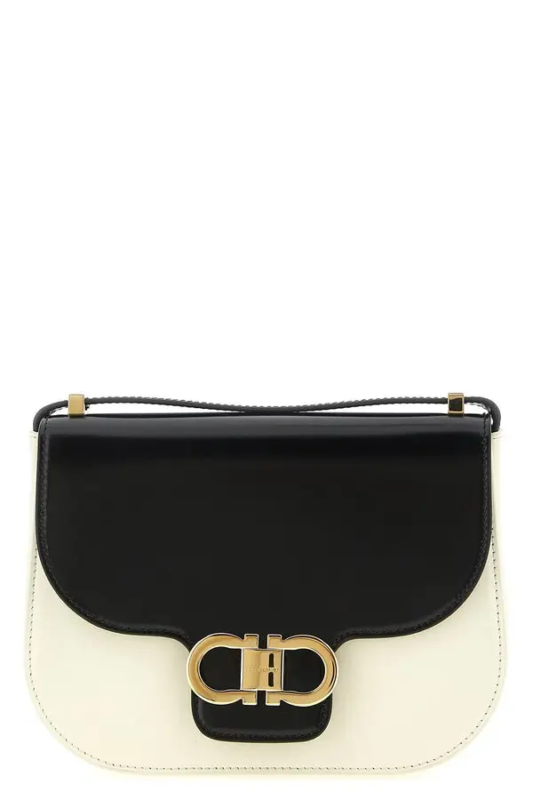 FERRAGAMO North-south Double Gancini Crossbody Bag - White/black