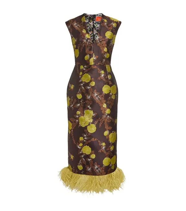 La DoubleJ Feather-trim Sleek Midi Dress - Brown