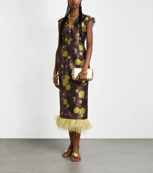 La DoubleJ Feather-trim Sleek Midi Dress