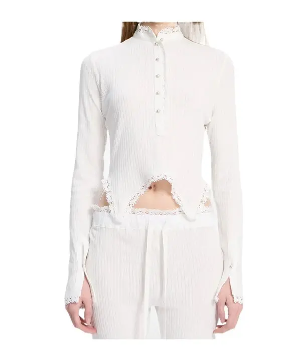 ANN DEMEULEMEESTER Lace-trim Ribbed Top - White
