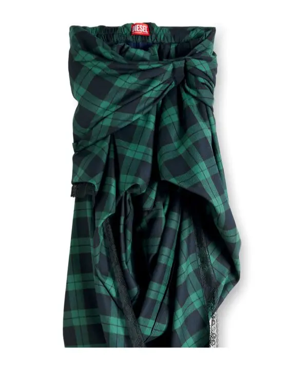 DIESEL® Draped Tartan Midi Skirt With Lace Trim