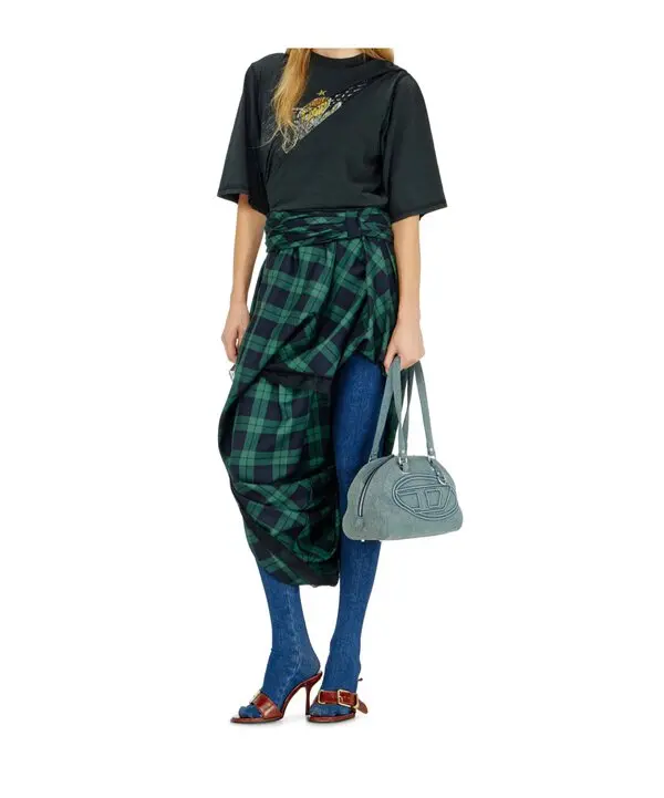 DIESEL® Draped Tartan Midi Skirt With Lace Trim