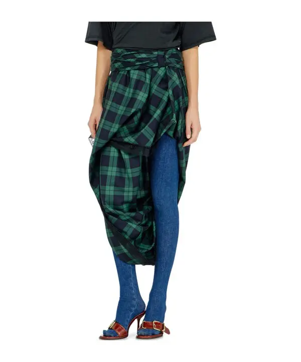 DIESEL® Draped Tartan Midi Skirt With Lace Trim