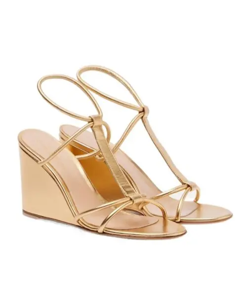 GIANVITO ROSSI Metallic Leather Wedge Sandals