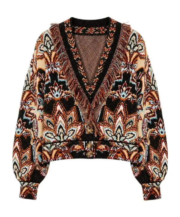 Farm Rio Fringe-trim Intarsia-knit Cardigan - Cream