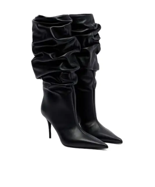 Amina Muaddi Leather Mid-calf Boots - Black