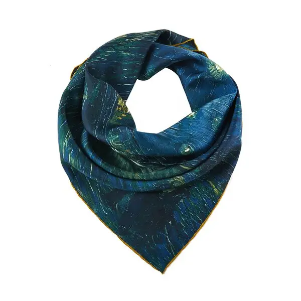 SOFT STROKES SILK Pure Silk Scarf Oil Painting Starry Night Over The Rhone Vincent Van Gogh - Blue