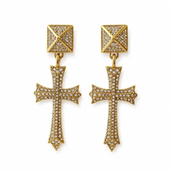 JAGGED HALO JEWELRY Yellow Plated Stainless Steel Crystal Cross Statement Earrings - Gold