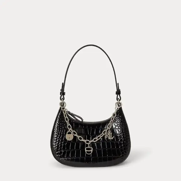Ralph Lauren Embossed Medium Marcy Zip Shoulder Bag - Black