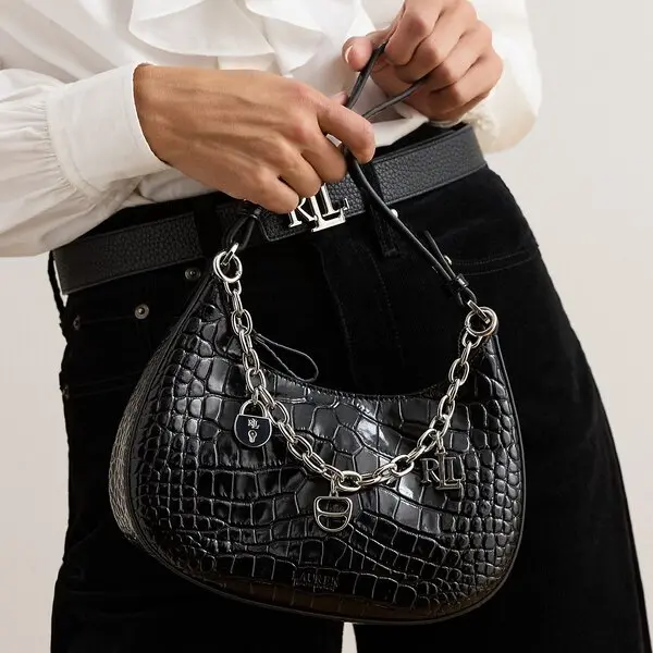 Ralph Lauren Embossed Medium Marcy Zip Shoulder Bag - Black