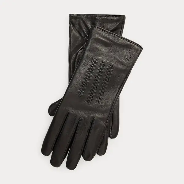 Ralph Lauren Leather Gloves With Decorative Stitching - Black