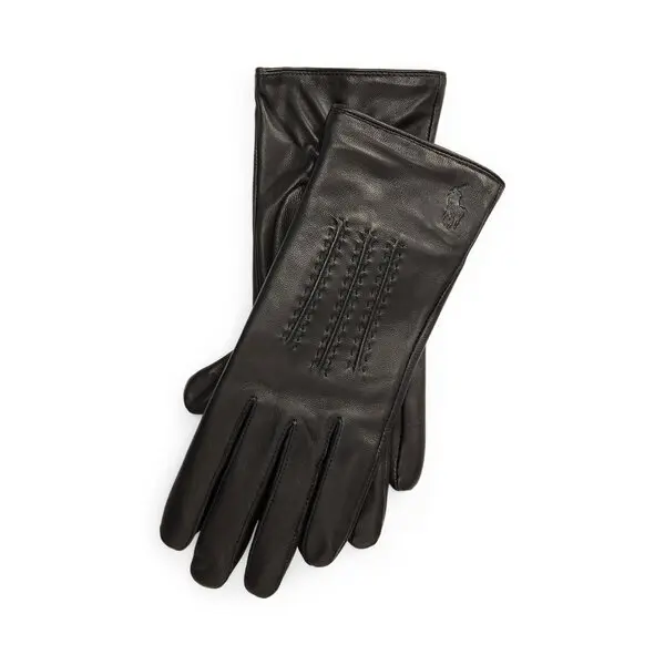 Ralph Lauren Leather Gloves With Decorative Stitching - Black