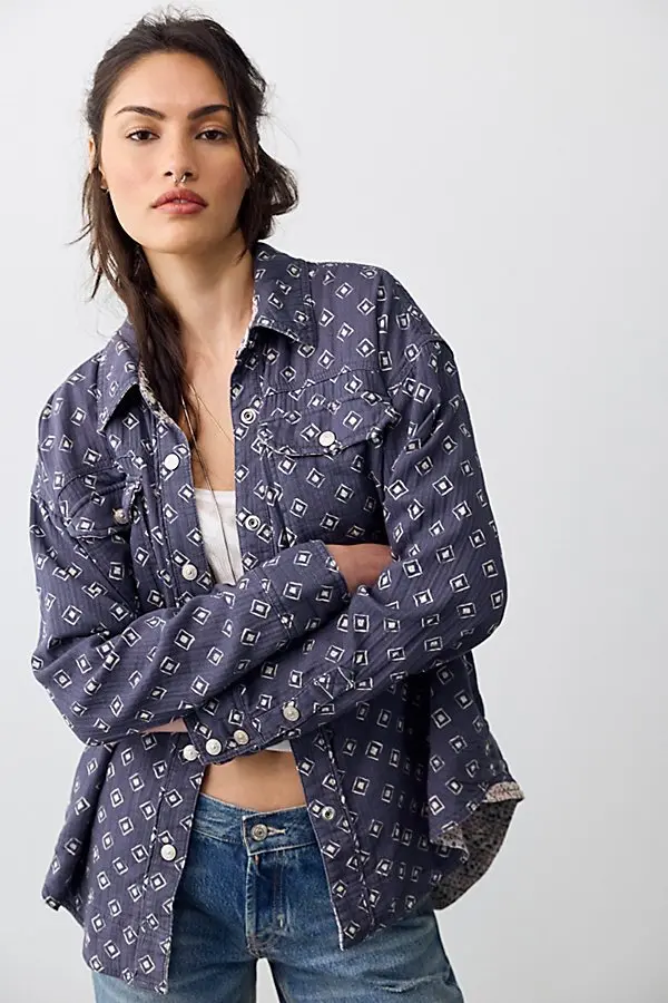 Free People We The Free Rose Garden Printed Cotton Shirt - Navy Combo