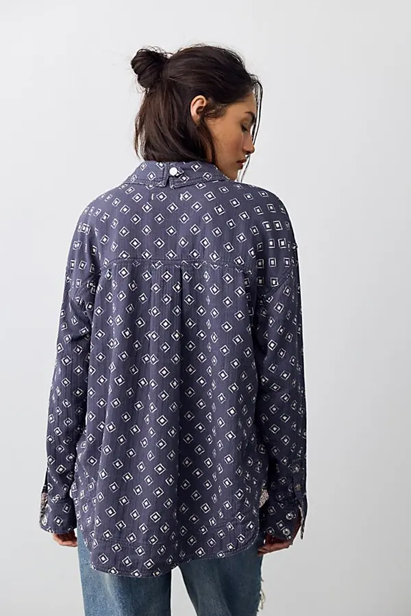 Free People We The Free Rose Garden Printed Cotton Shirt - Navy Combo