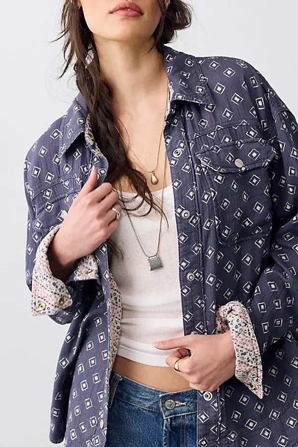 Free People We The Free Rose Garden Printed Cotton Shirt - Navy Combo