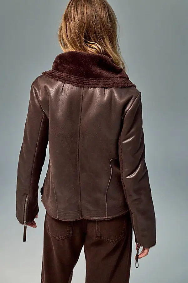 Free People We The Free Fourline Shearling Aviator Jacket - Hot Fudge