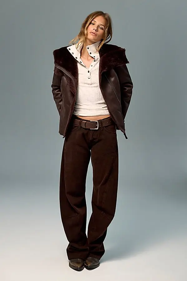 Free People We The Free Fourline Shearling Aviator Jacket - Hot Fudge