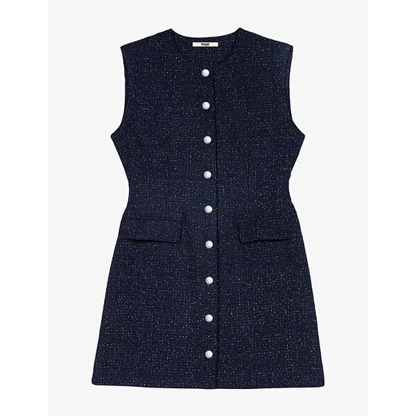 Maje Sleeveless Shimmer Tweed Mini Dress - Navy