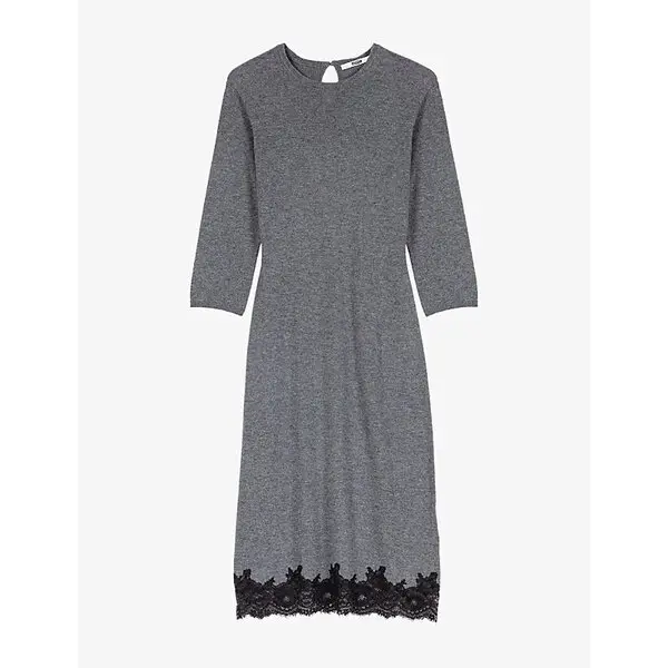 Maje Round-neck Lace-trim Wool Midi Dress - Grey/black