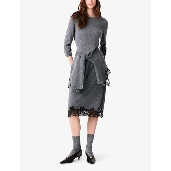 Maje Round-neck Lace-trim Wool Midi Dress