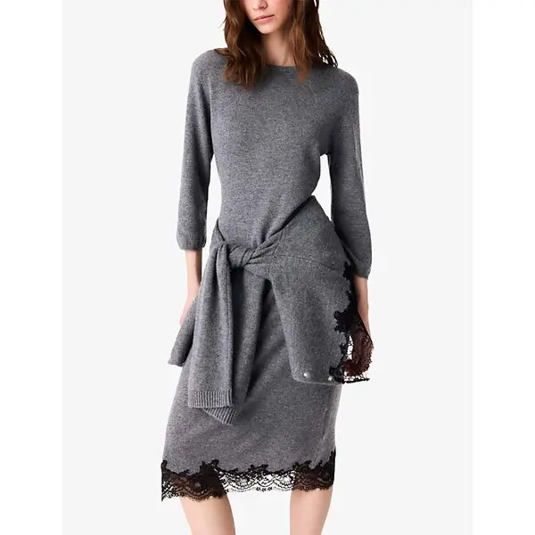 Maje Round-neck Lace-trim Wool Midi Dress