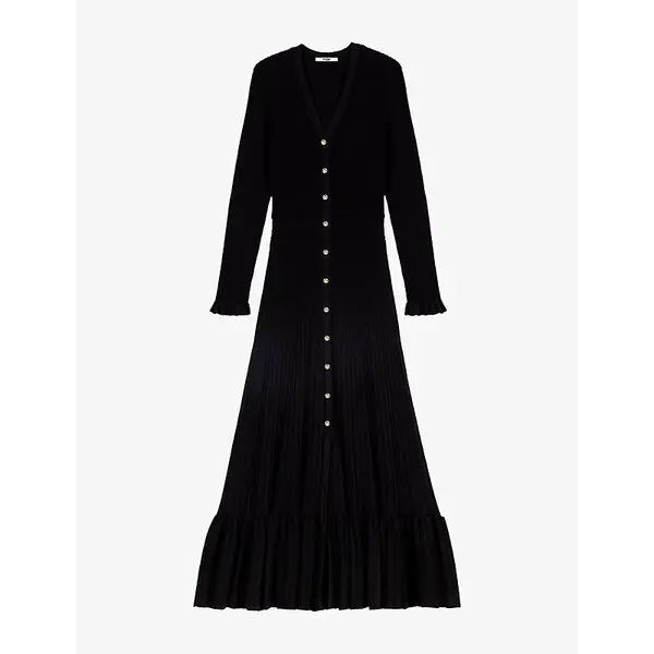 Maje Ruffled V-neck Knitted Maxi Dress - Black