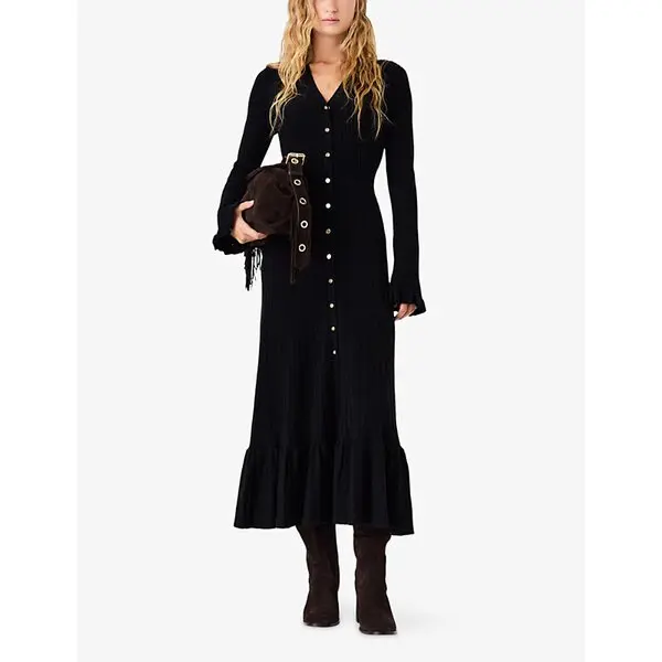 Maje Ruffled V-neck Knitted Maxi Dress
