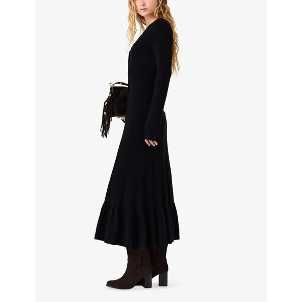 Maje Ruffled V-neck Knitted Maxi Dress