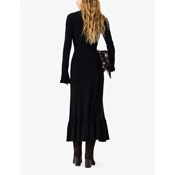 Maje Ruffled V-neck Knitted Maxi Dress