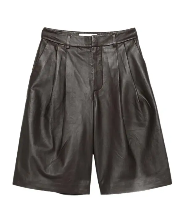 YVES SALOMON Pleated Leather Shorts - Brown