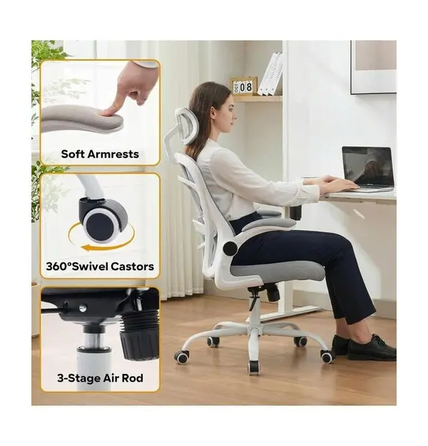 HOMFAN Ergonomic Wide-seat Office Chair With Flip Armrests - White