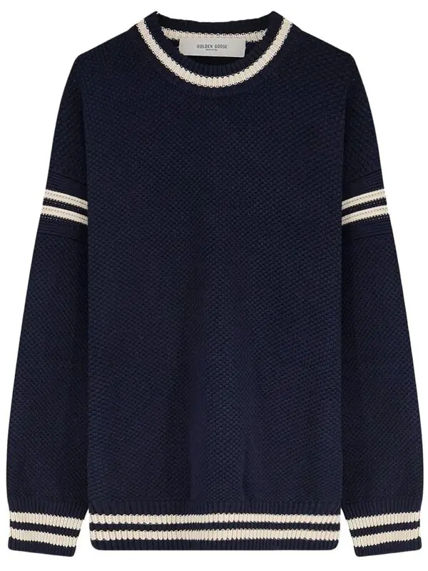 GOLDEN GOOSE Navy Cotton Waffle Knit Sweater With Embroidered Logo - Blue