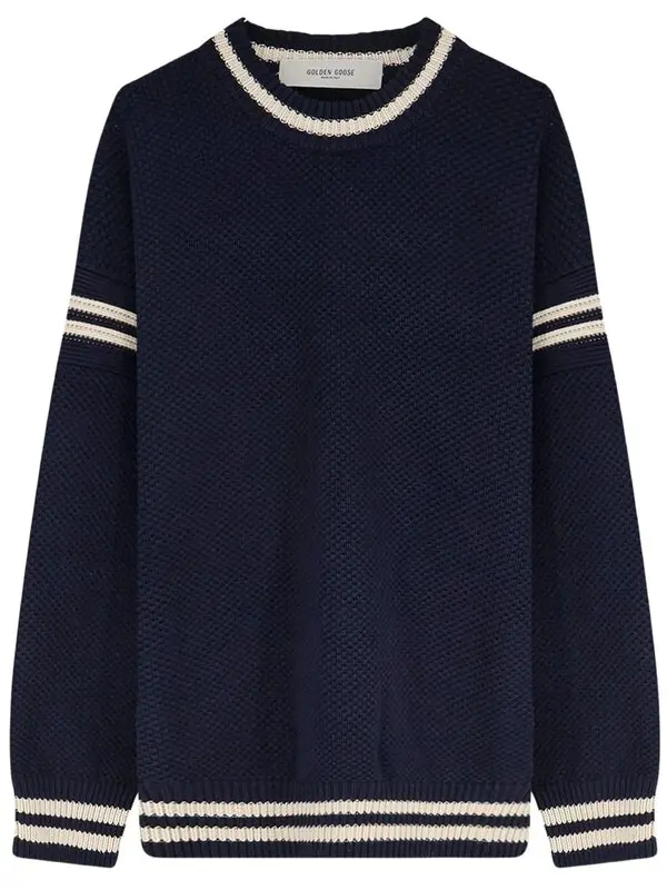 GOLDEN GOOSE Navy Cotton Waffle Knit Sweater With Embroidered Logo - Blue