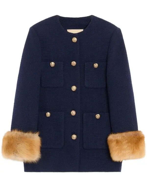 Valentino Garavani Wool Gabardine Jacket With Fur Cuffs - Blue