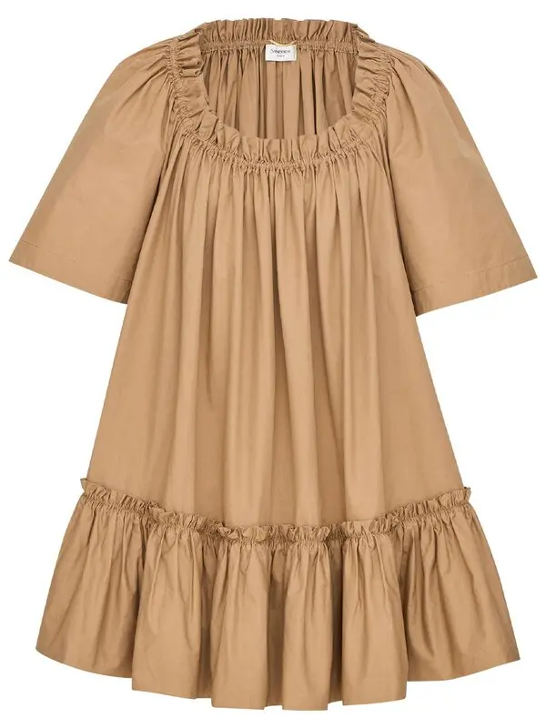Saint Laurent Ruffled Dress In Cotton - Brown