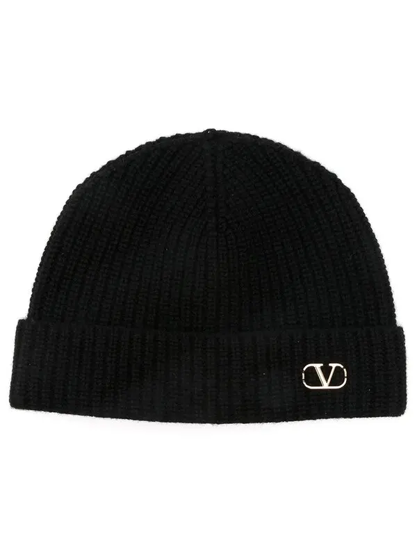 Valentino Garavani Beanie Knitted Vlogo Signature In Cashmere - Black