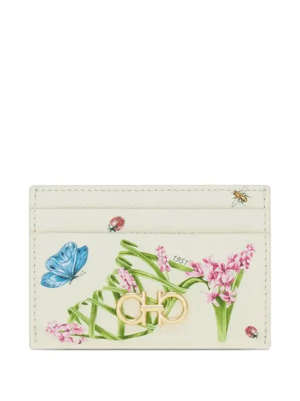 FERRAGAMO Gancini Card Holder With Floral Print - White