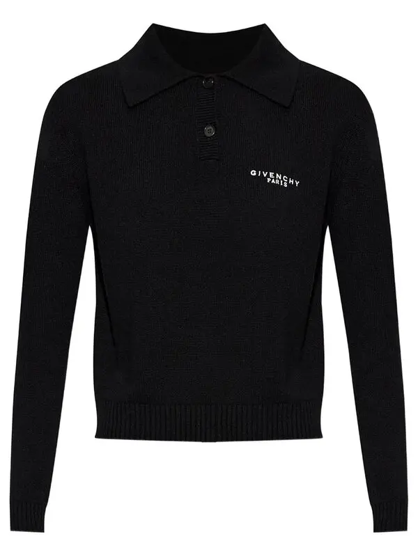 Givenchy Long-sleeve Wool And Cashmere Polo Sweater With Embroidered Logo - Black
