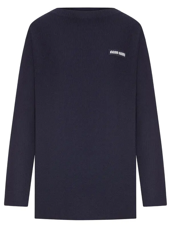 Miu Miu Logo-patch Ribbed-knit Sweater - Blue