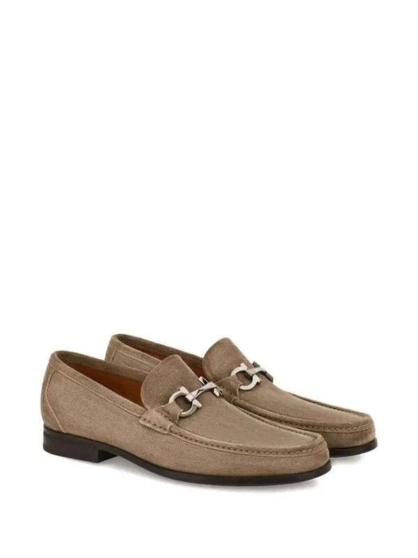 FERRAGAMO Suede Loafers With Gancini Buckle - Brown