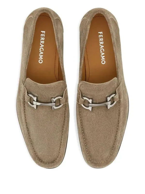 FERRAGAMO Suede Loafers With Gancini Buckle - Brown