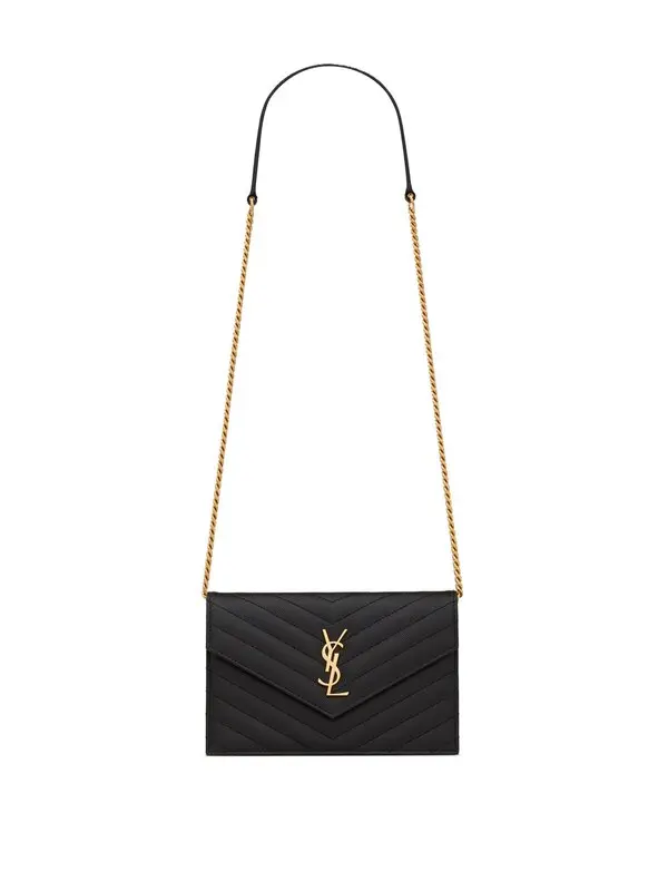 Saint Laurent Cassandre Envelope Chain Wallet In Grain De Poudre Leather - Black