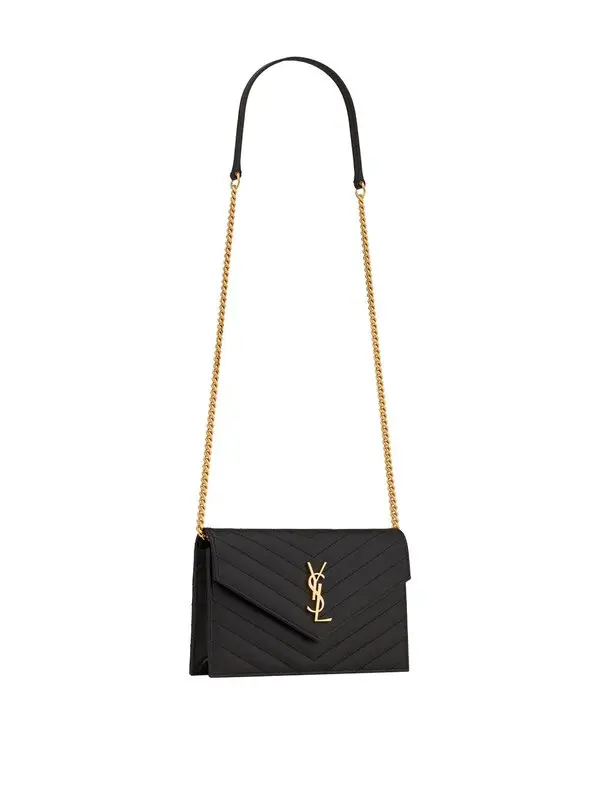 Saint Laurent Cassandre Envelope Chain Wallet In Grain De Poudre Leather - Black