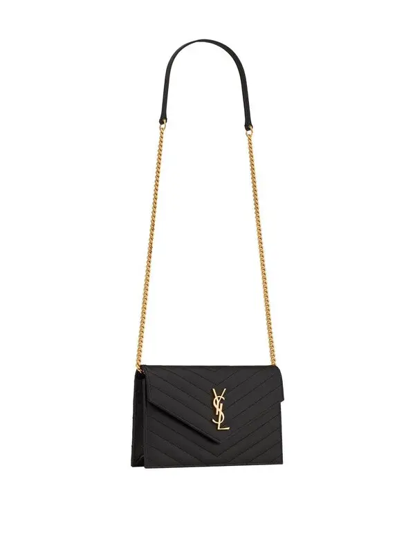 Saint Laurent Cassandre Envelope Chain Wallet In Grain De Poudre Leather - Black