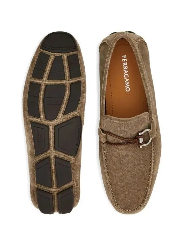 FERRAGAMO Suede Driver Loafers With Braided Leather Lace