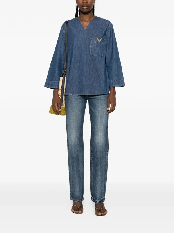 Valentino Garavani V-neck Denim Shirt With Logo Detail - Blue