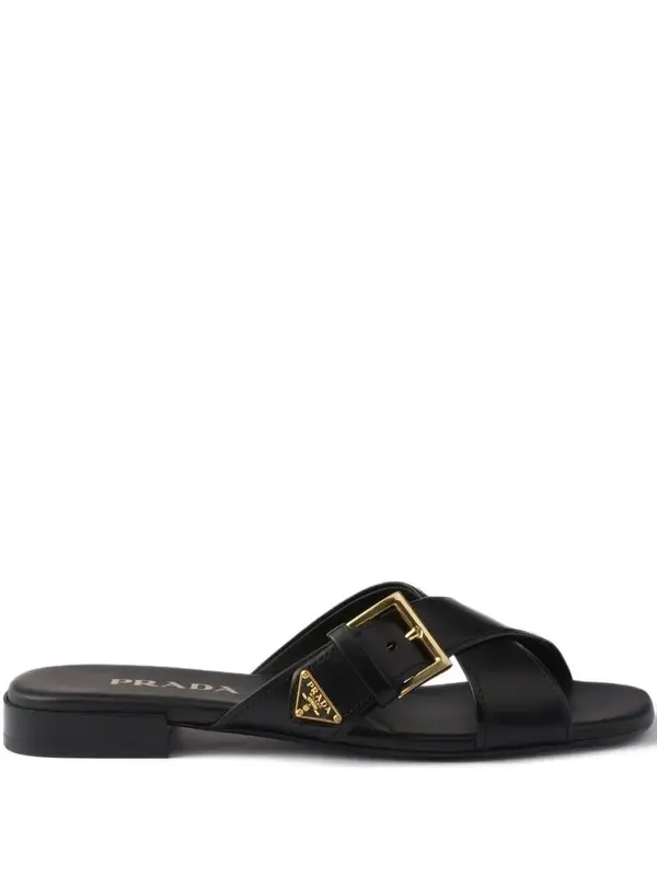 Prada Leather Crisscross Slides With Buckle