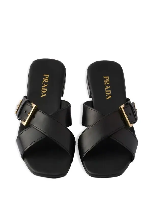 Prada Leather Crisscross Slides With Buckle