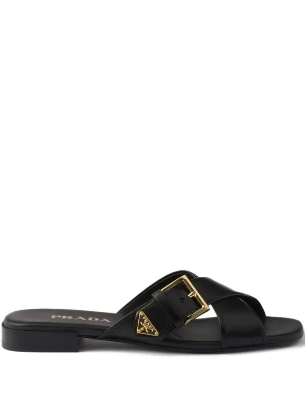 Prada Leather Crisscross Slides With Buckle - Black