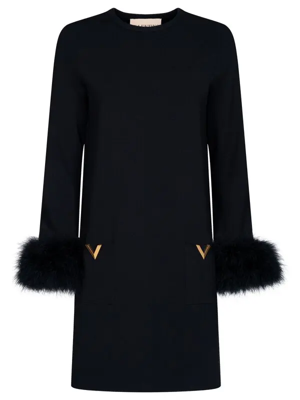 Valentino Garavani V Logo And Feather-detail Knitted Dress - Black